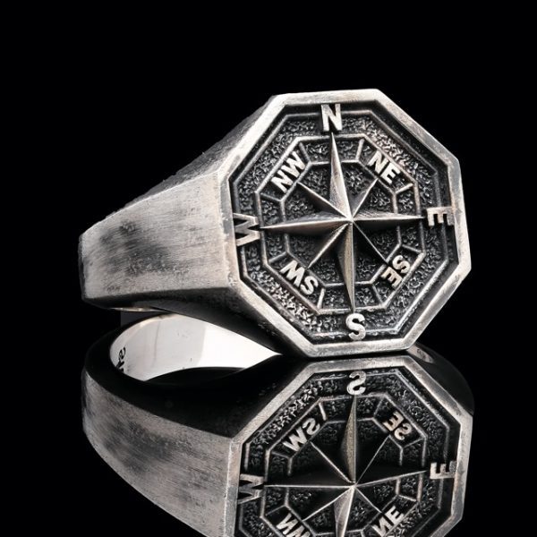 Octagon Compass Men’s Ring – Compass Design Signet – Stonz Diamonds